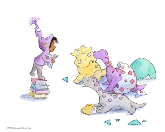 Baby Dino Storytime Art Print - Etsy