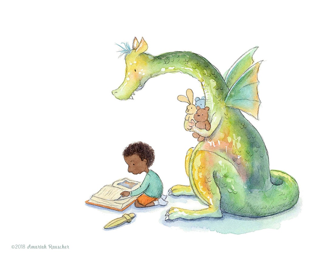 Boy Reading to a Dragon - Art Print - Children - Etsy