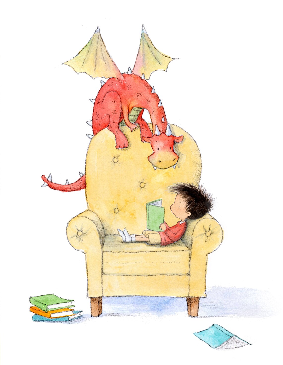 Oslo Reads Boy and Red Dragon Reading Books Art Print - Etsy