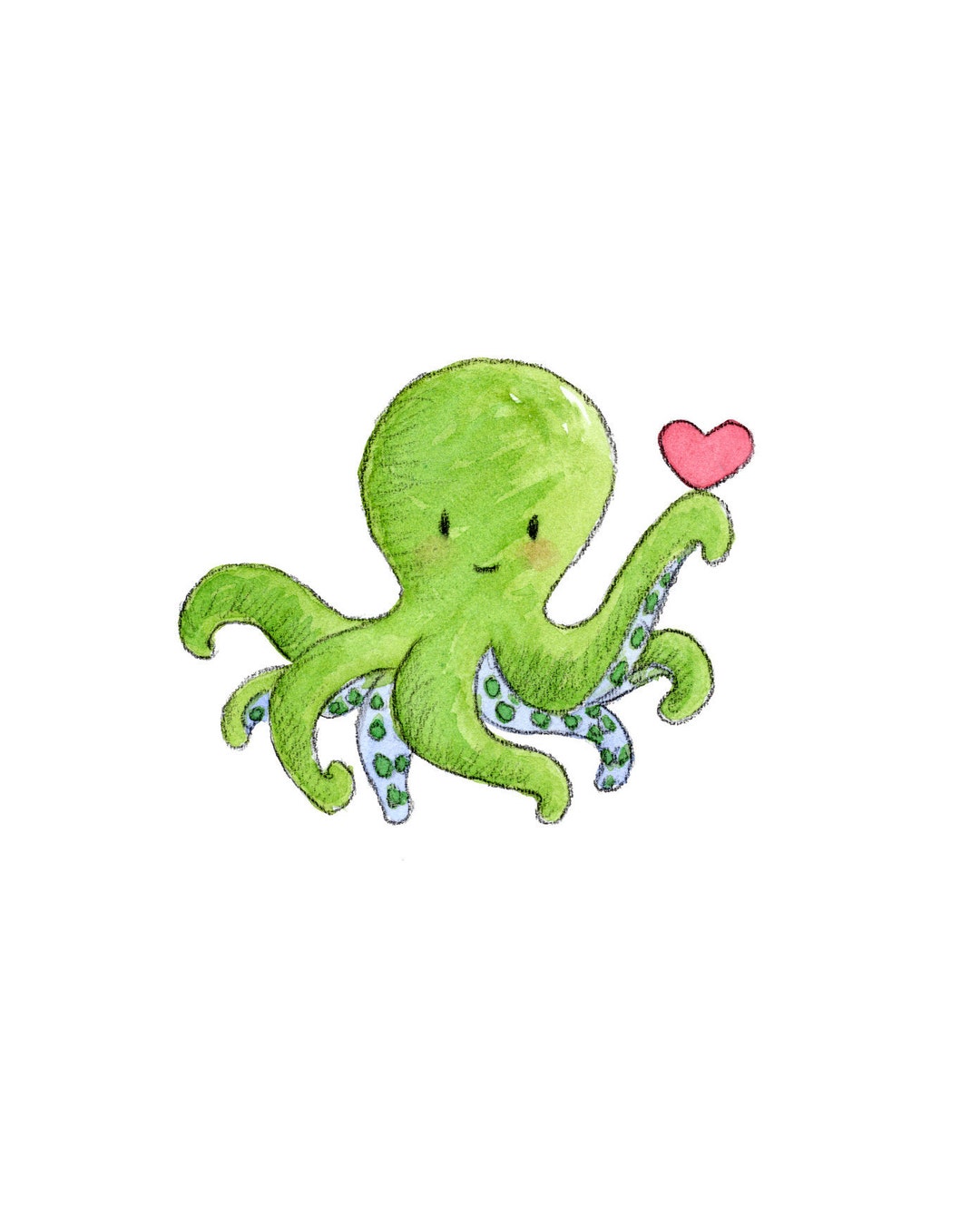 Green Octopus With Heart - Art Print - Etsy