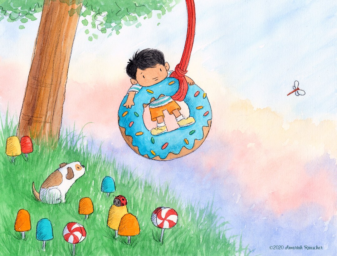 Donut Swing Boy and Puppy Art Print - Etsy