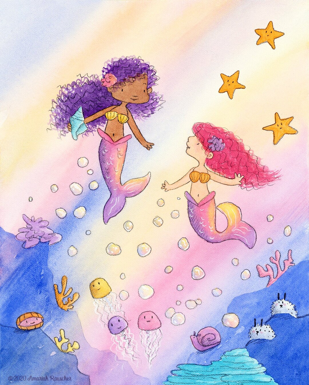 Mermaid Friends Two Mermaids Art Print - Etsy