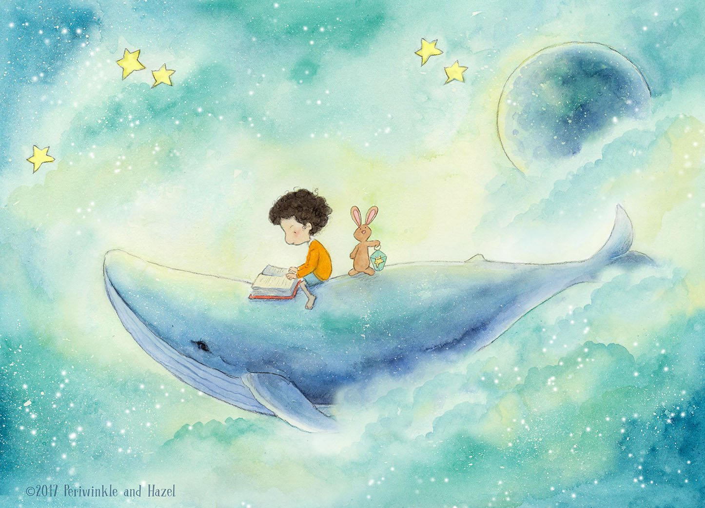 A Story About a Whale Brown Hair Boy Riding Whale Art | Etsy
