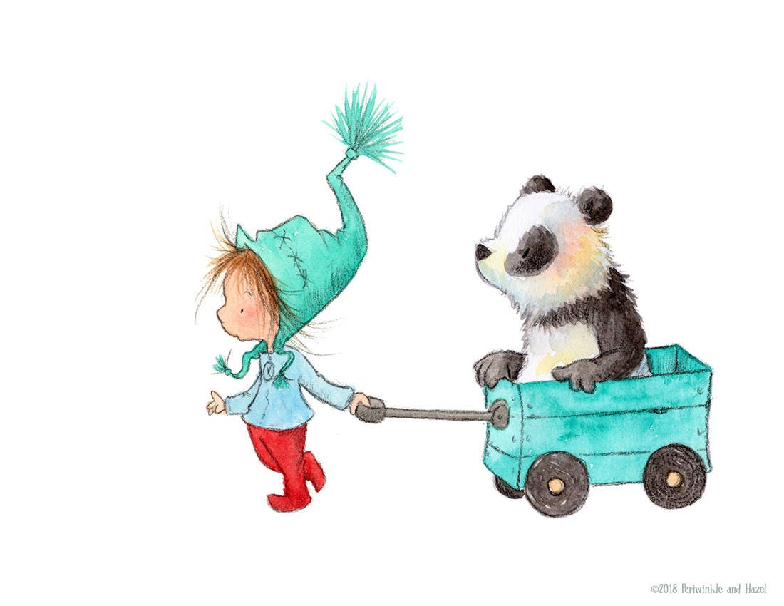 Which Way Do We Go Girl and Panda Bear Art Print | Etsy