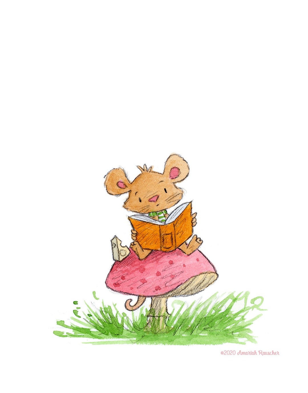 Mouse's Book - Brown Mouse on Pink Mushroom - Art Print - Etsy