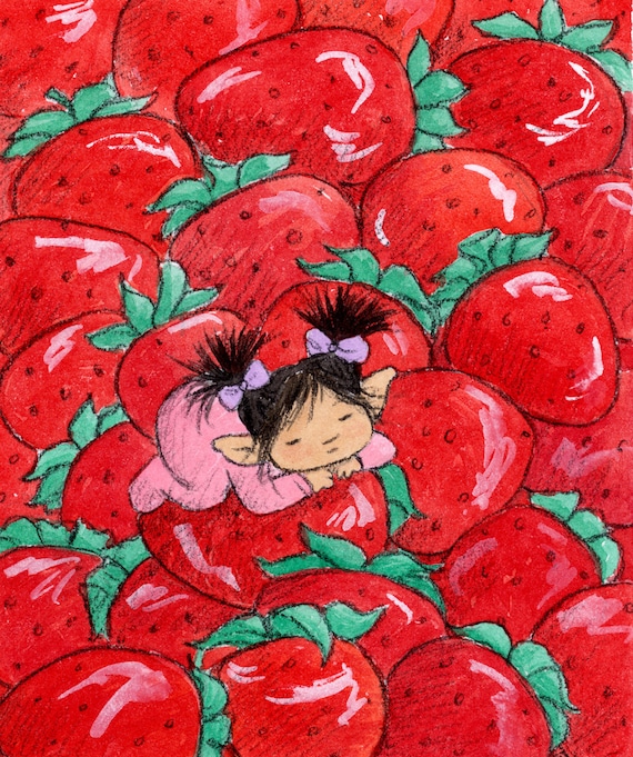 Sleepy Strawberry Elf Art Print | Etsy