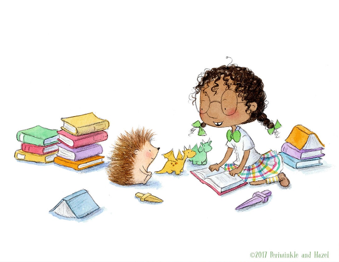 Periwinkle and Hazel Love a Good Book - Girl Reading to Hedgehog - Art ...