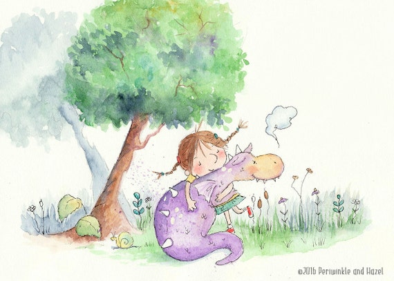 Dragons Need Hugs Too Girl Hugging Purple Pet Dragon Art | Etsy