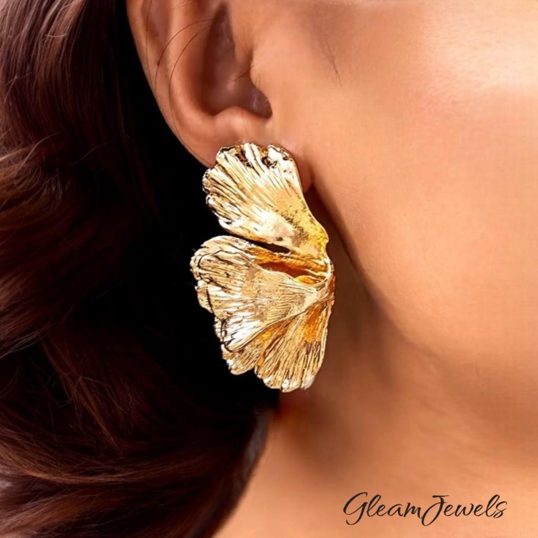 Large Golden Gingko Earrings Nature Leaf Costume Jewelry Elegant and ...