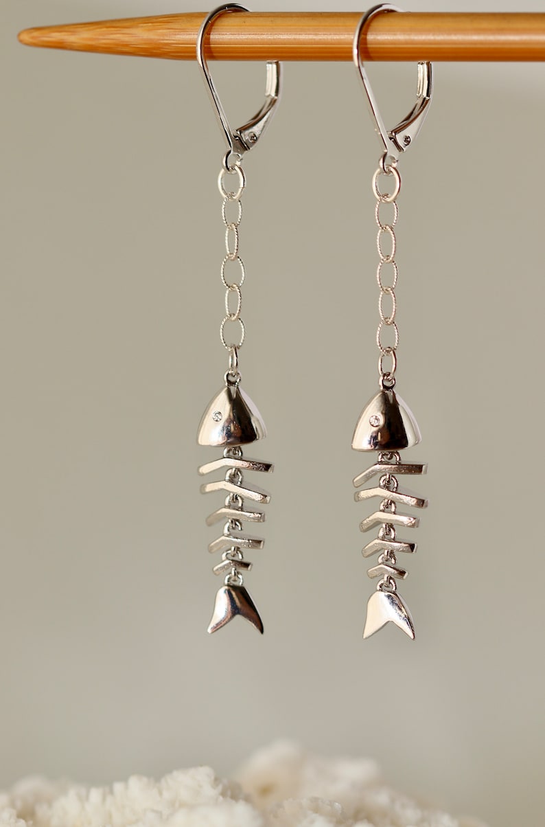 Movable Fish Skeleton Earrings: Gold or Silver Plated, Cubic Zirconia ...
