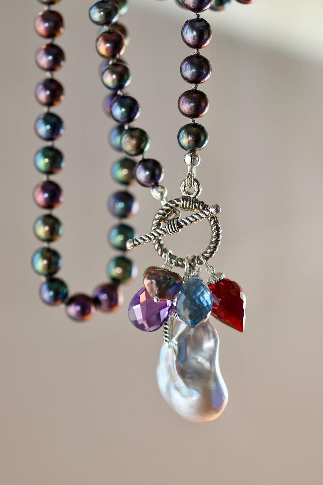 Gray Baroque Extra Large Pearl, Cluster of Stones, Silver, Dark Peacock ...