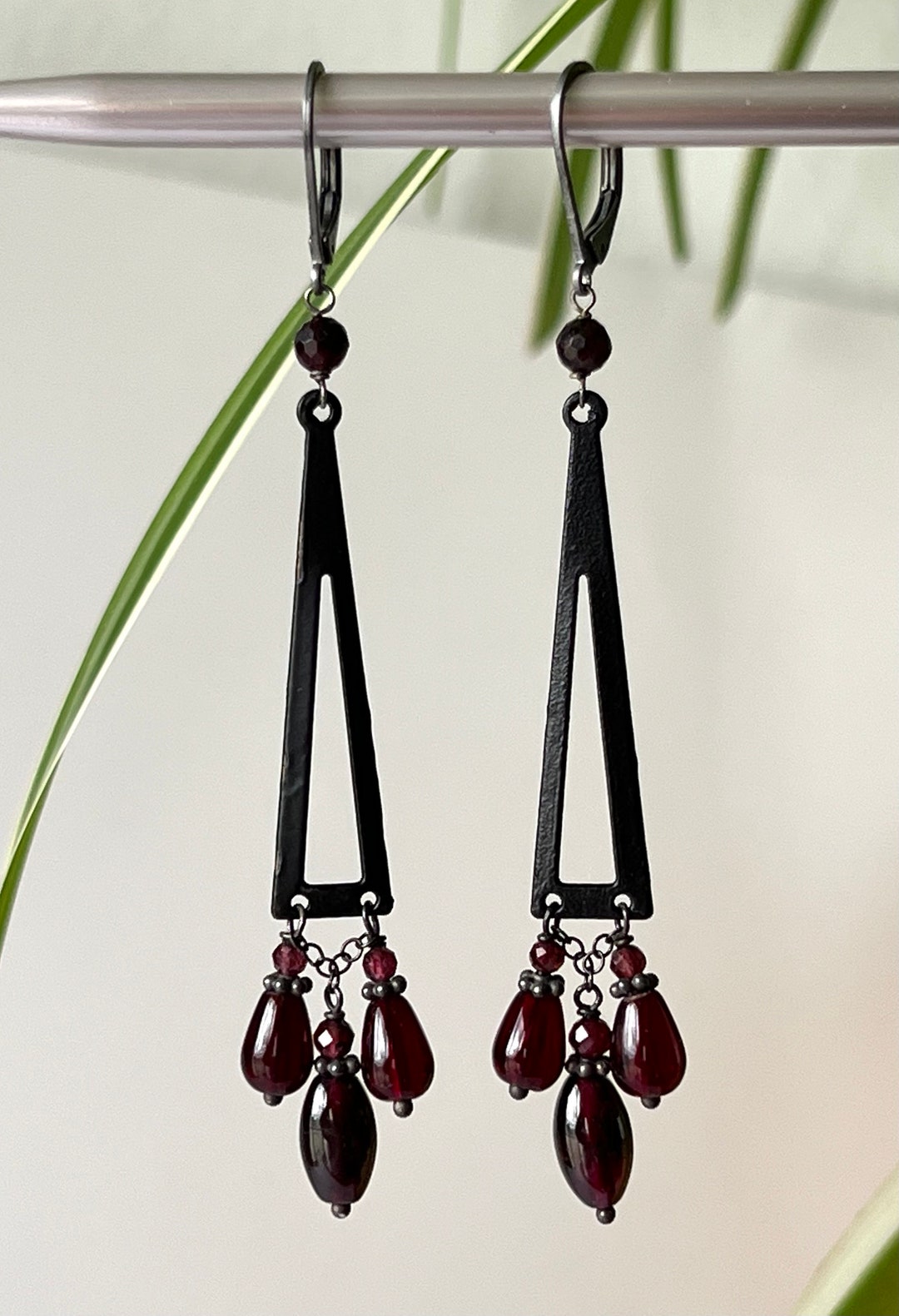 Red Garnet STONES, Black Triangles Long Earrings, Contemporary, Modern ...