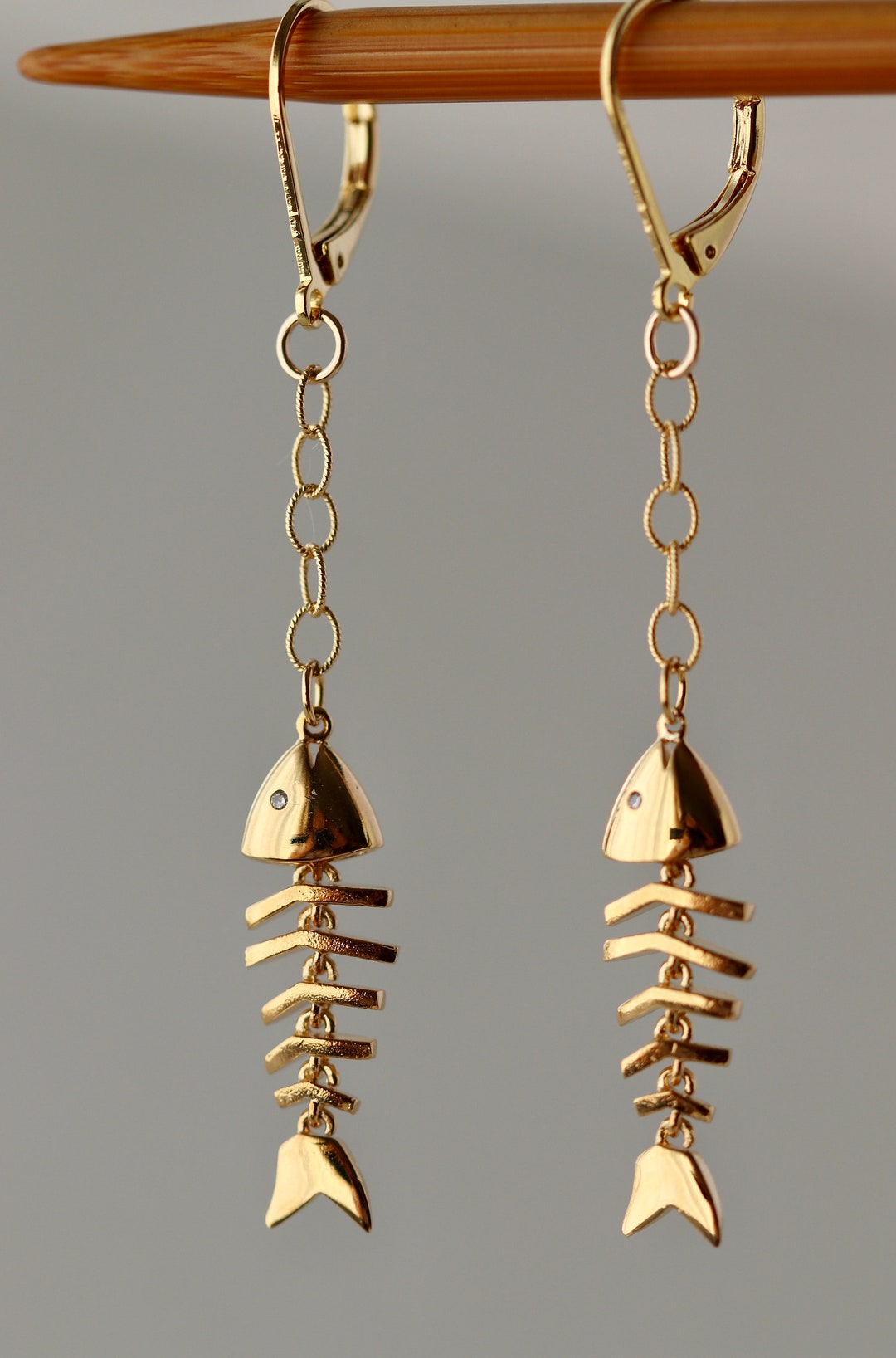 Movable Fish Skeleton Earrings: Gold or Silver Plated, Cubic Zirconia ...