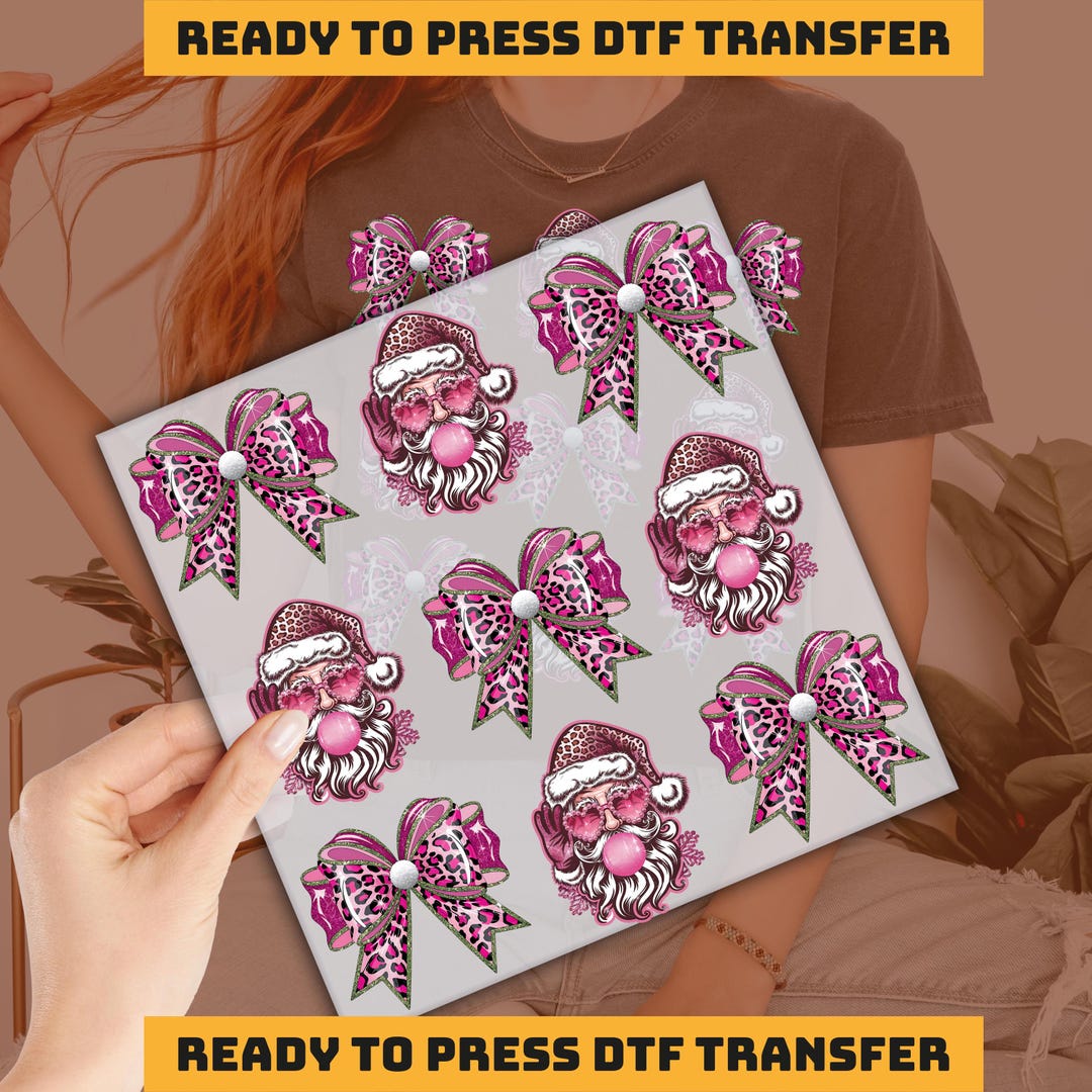 Santa Claus Christmas Bow Design DTF Transfer, Pink Santa Ready to ...