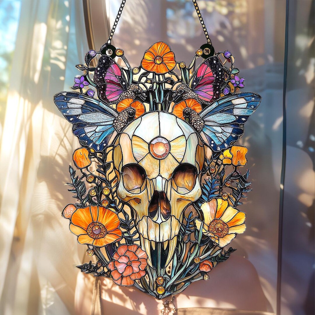 Spooky Gothic Skull Ram With Flowers, Acrylic Sun Catcher for Halloween ...