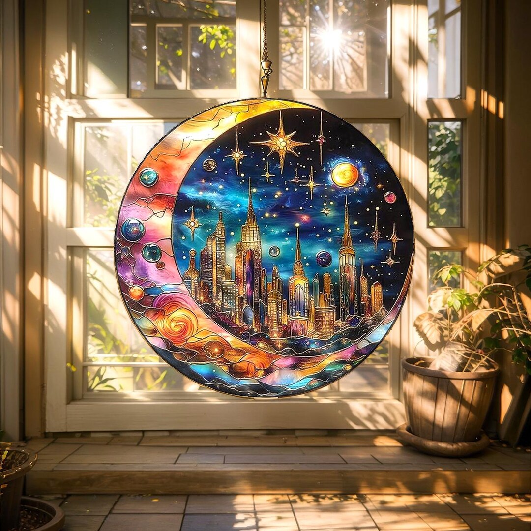 Crescent Moon & Stars Window Hanging, Faux Stained Glass Ornament ...