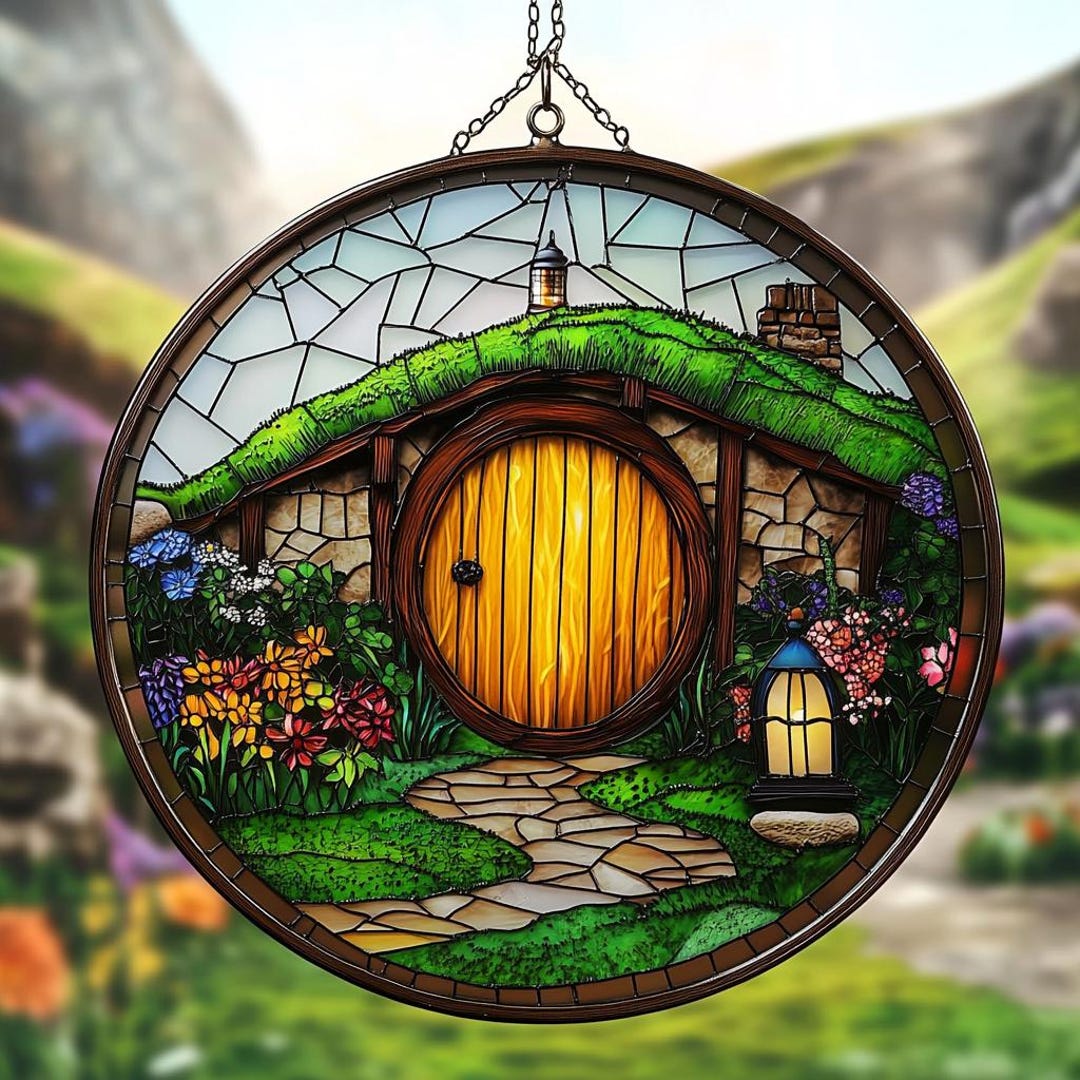Hobbit Door Stained Glass Suncatcher – Round Window Hanging for Fantasy ...