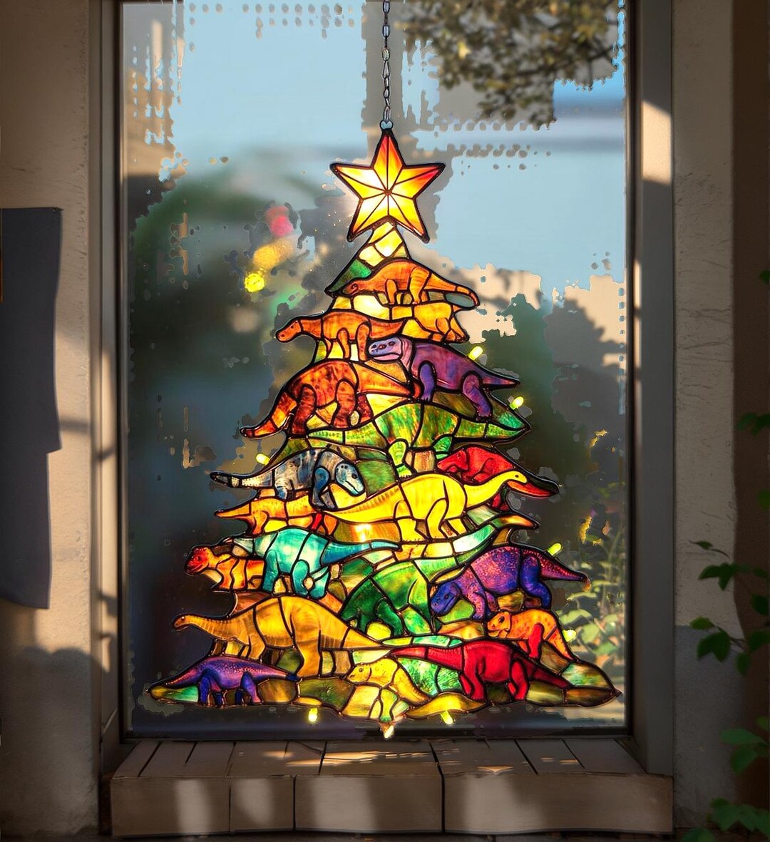 T-rex Dinosaur Faux Stained Glass Suncatcher, Dino Lover Acrylic Window ...
