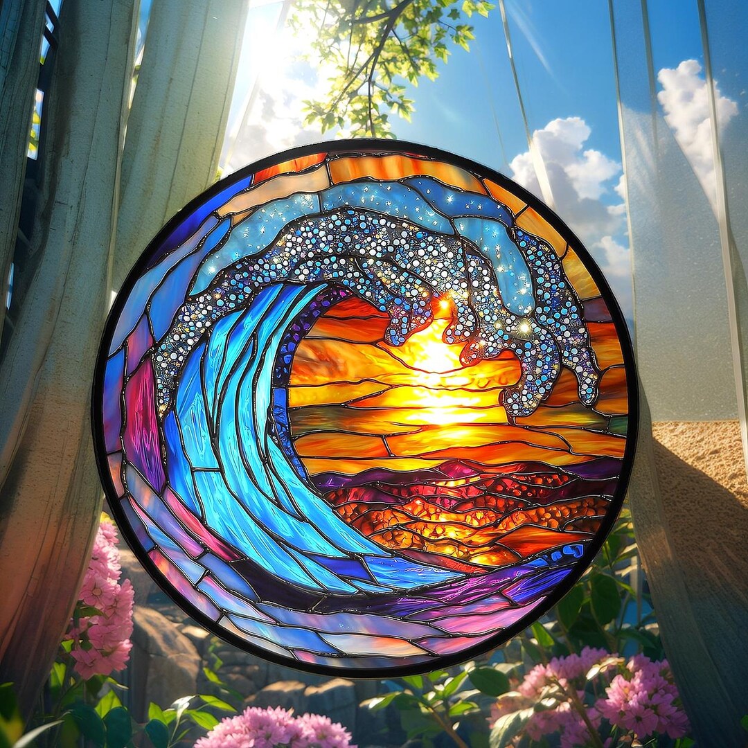 Ocean Waves at Sunrise Glass Sun Catcher, Coastal Acrylic Window ...