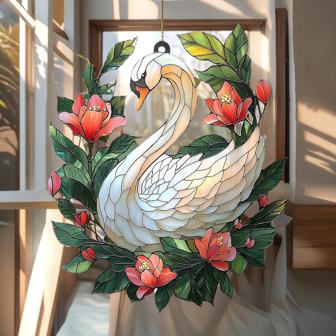 Acrylic Swan Flower Faux Stained Glass Suncatcher | Elegant Window ...