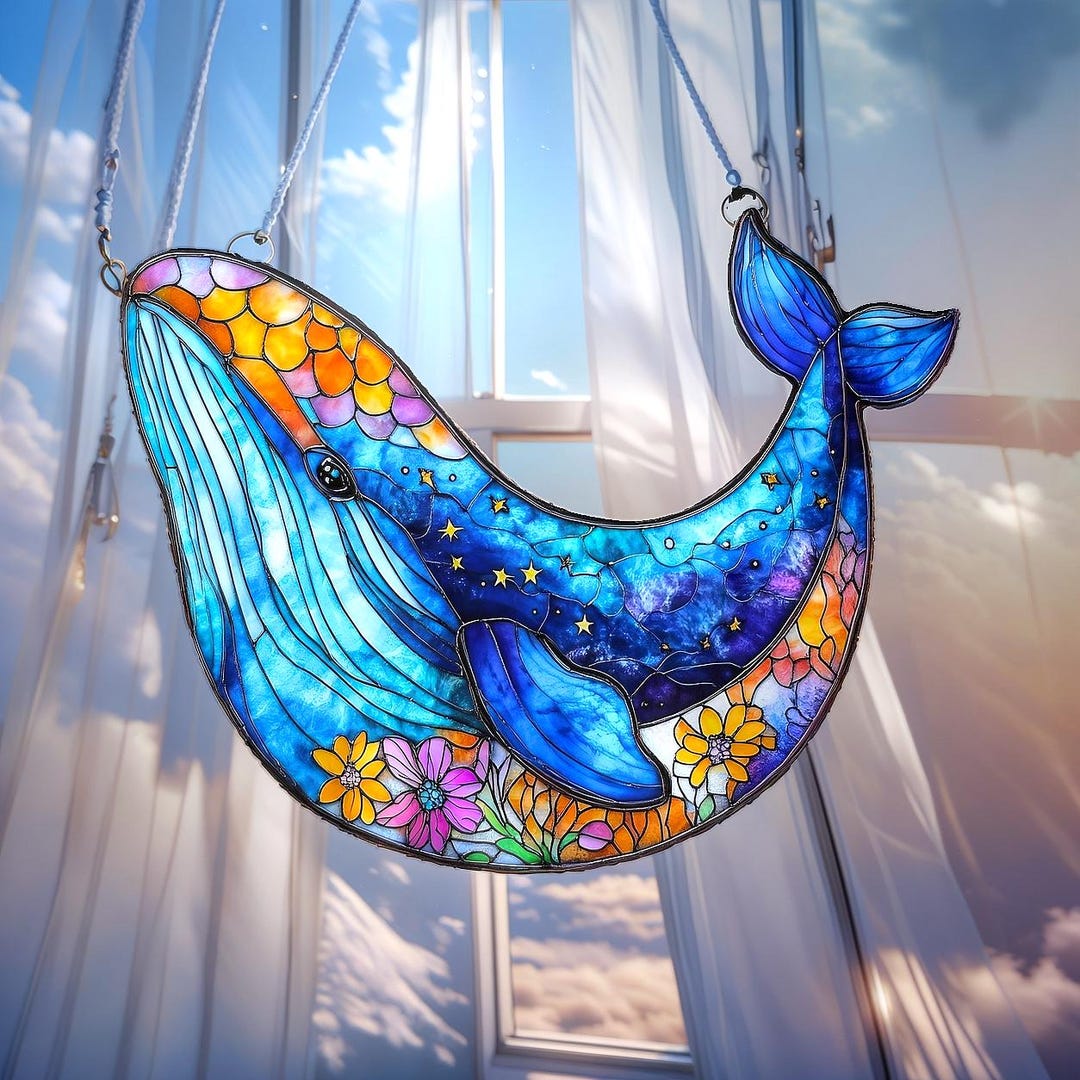 Unique Floral Ocean Whale Acrylic Sun Catcher, Faux Stained Glass ...