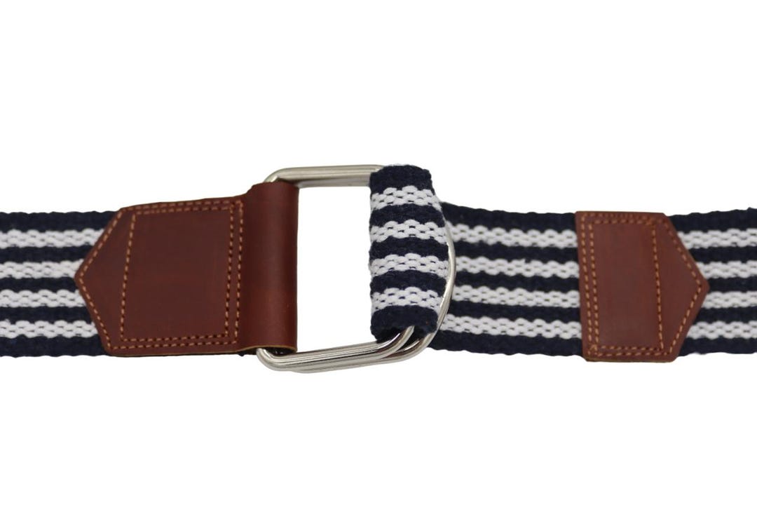 Navy Blue-white Striped Woven Belt With Leather Detail,canvas Double ...