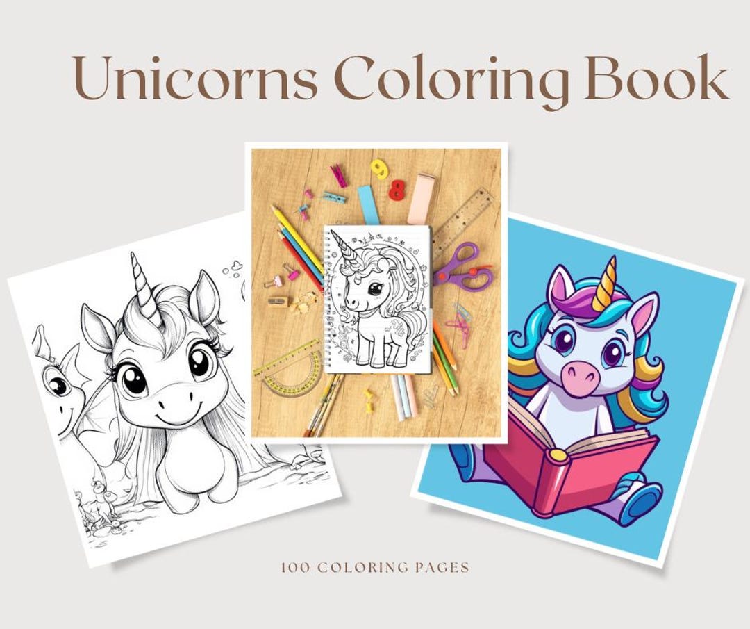 100 Unicorns Coloring Pages for Kids / Digital Unicorns Coloring Book ...