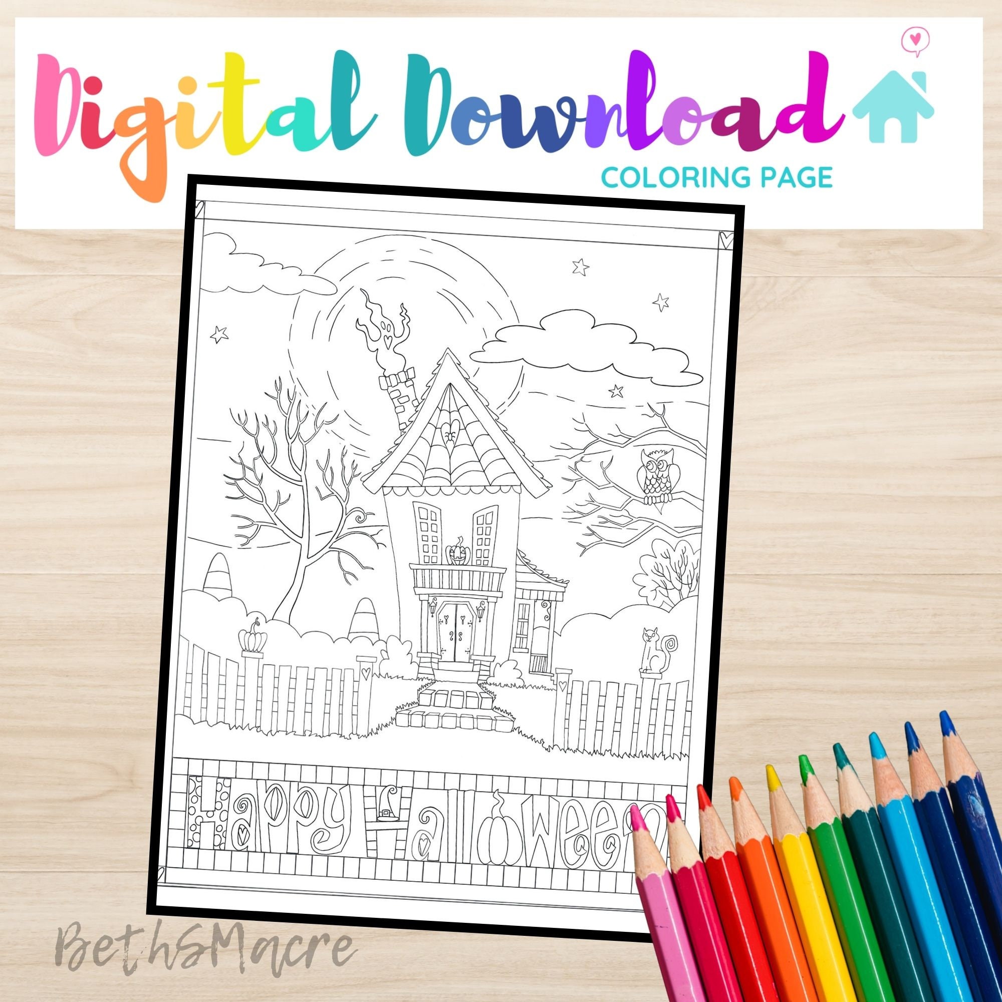 Happy Halloween Haunted House Design Printable Coloring Page, Instant ...