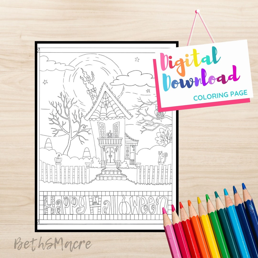 Happy Halloween Haunted House Design Printable Coloring Page, Instant ...