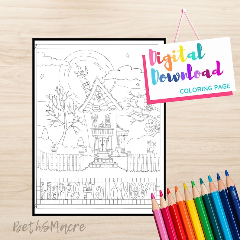 Happy Halloween Haunted House Design Printable Coloring Page - Etsy
