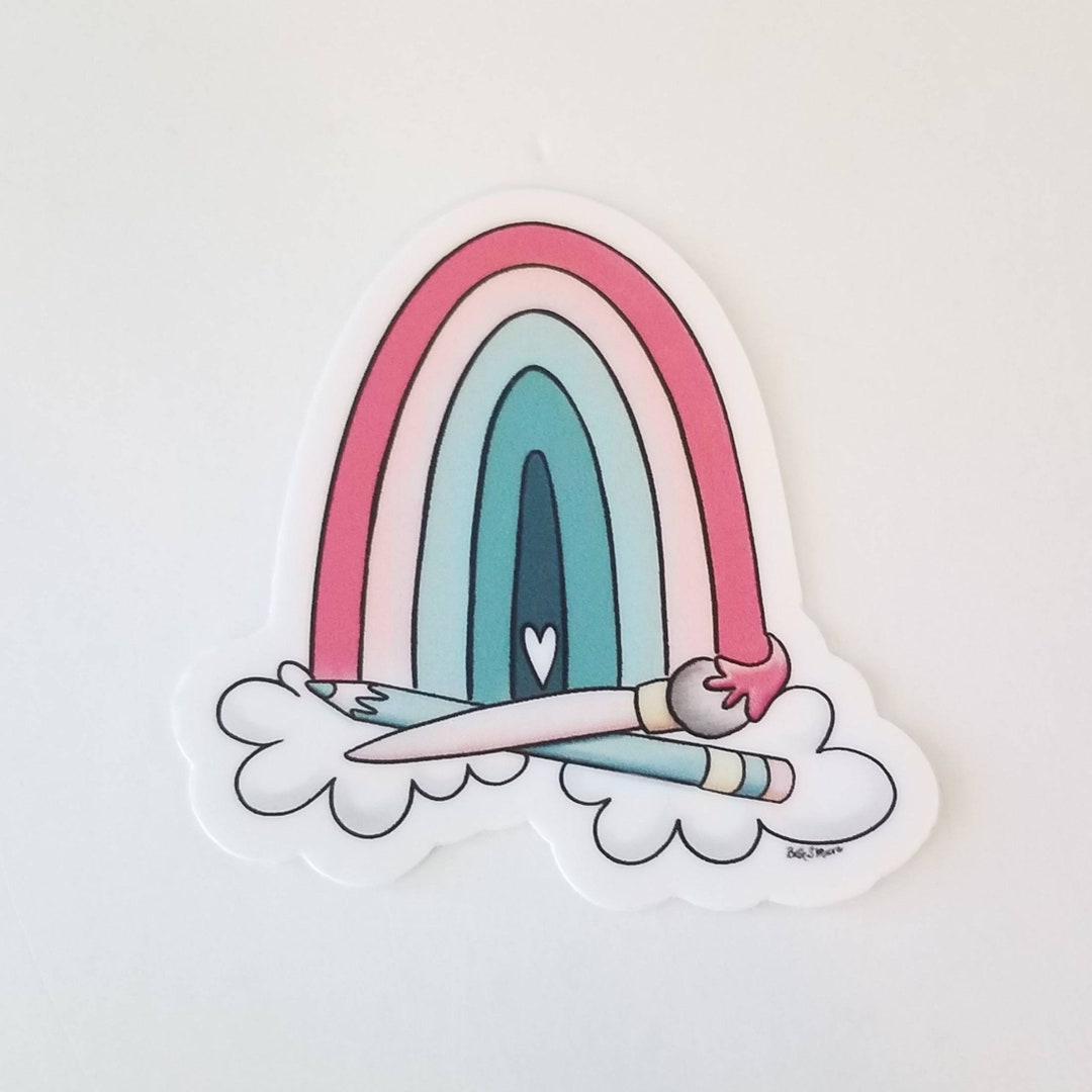 Muted Colored Rainbow With Paintbrush and Pencil Vinyl Sticker for ...