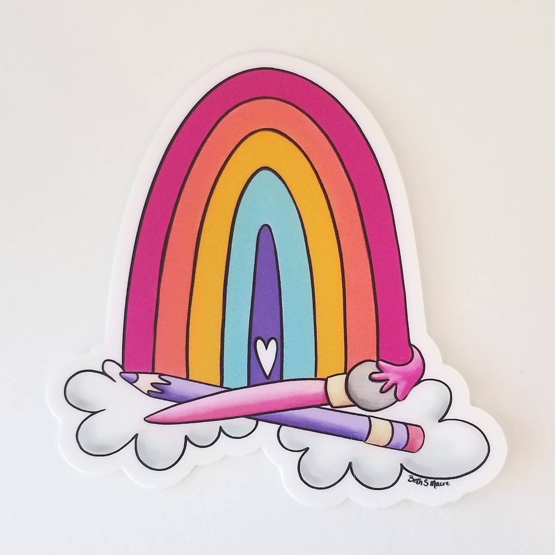 Bright Colors Rainbow With Paintbrush and Pencil Vinyl Sticker for ...