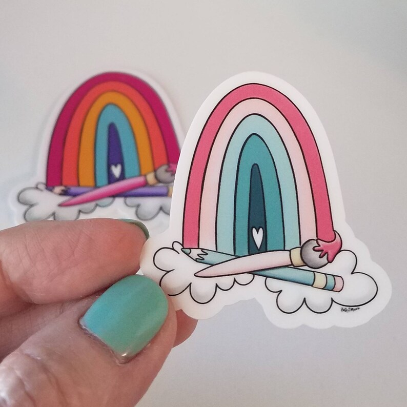 Muted Colored Rainbow With Paintbrush and Pencil Vinyl Sticker for ...