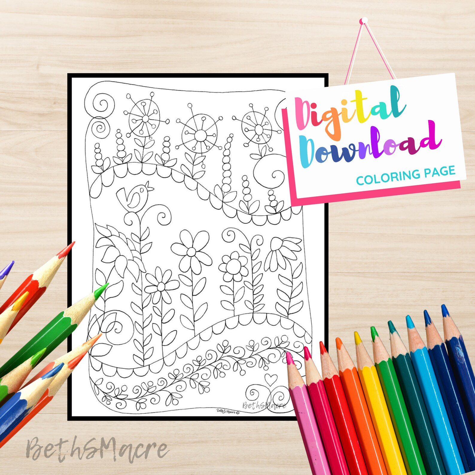Whimsical Flower Garden With Bird Line Drawing for Coloring Page ...
