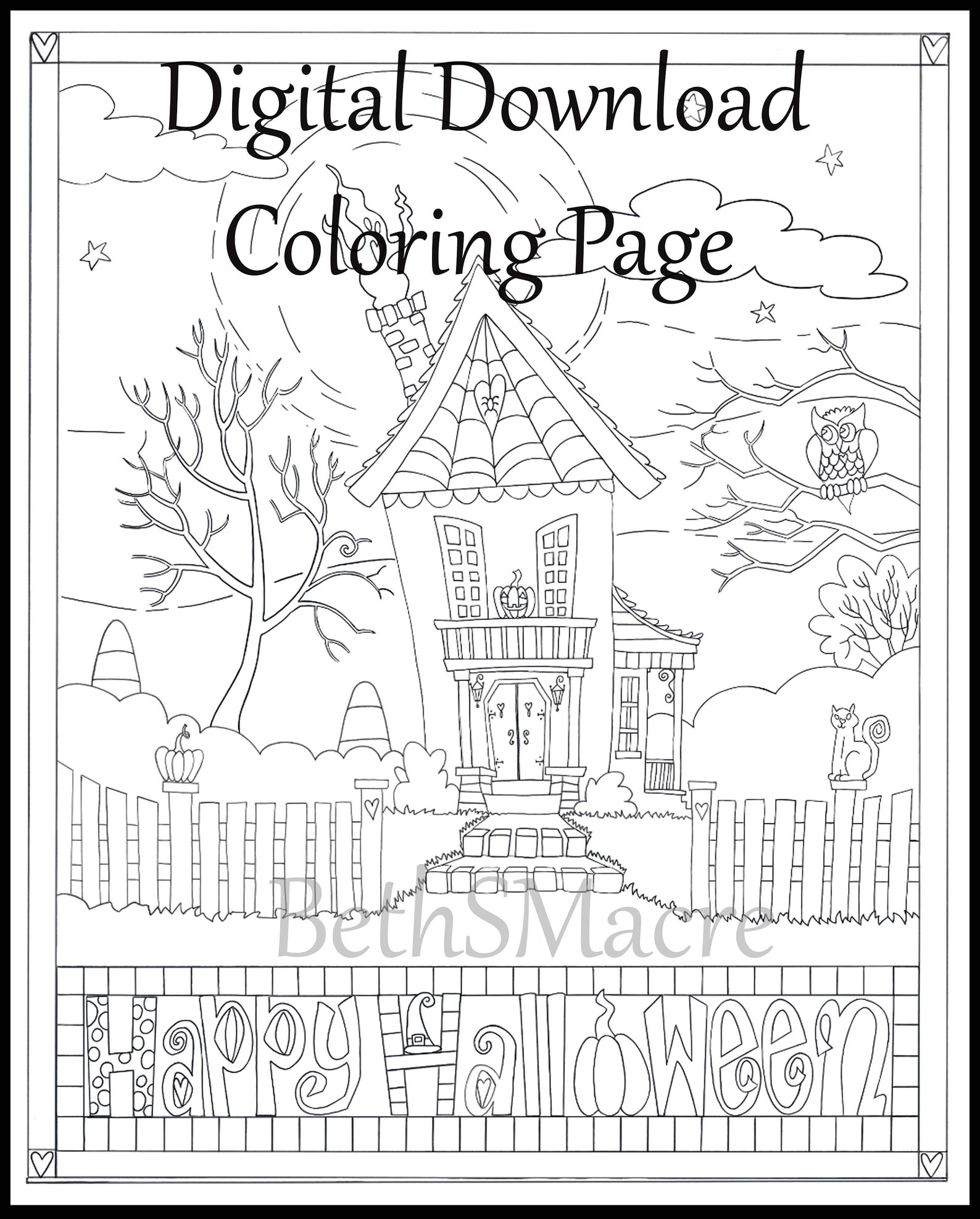 Happy Halloween Haunted House Design Printable Coloring Page - Etsy
