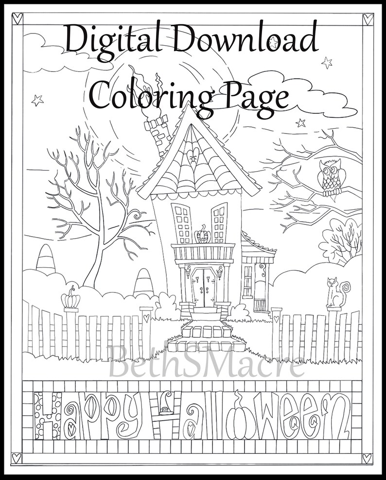 Happy Halloween Haunted House Design Printable Coloring Page - Etsy