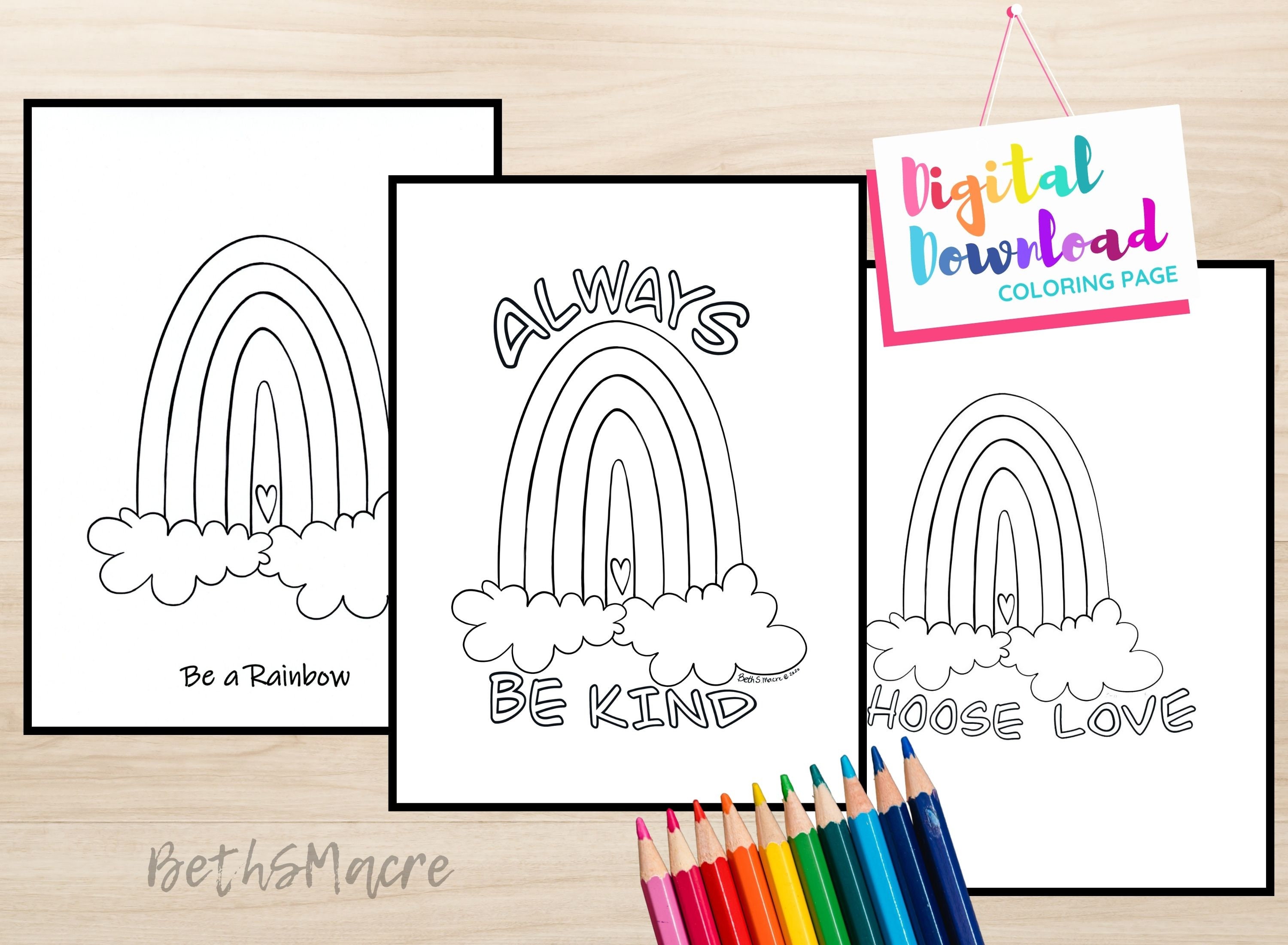 Rainbow Art Coloring Page Set of 3, Be A Rainbow, Always Be Kind ...