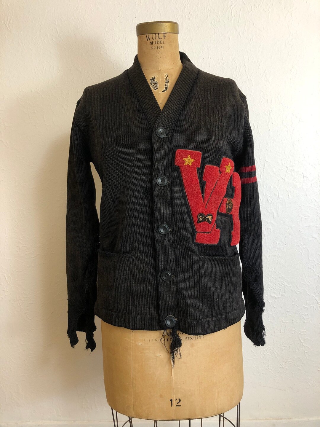 Vintage 1950’s Distressed Black Faded Wool Letterman Cardigan Sweater ...