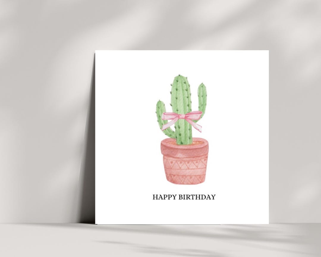 Happy Birthday Cactus With Bow Card - Etsy