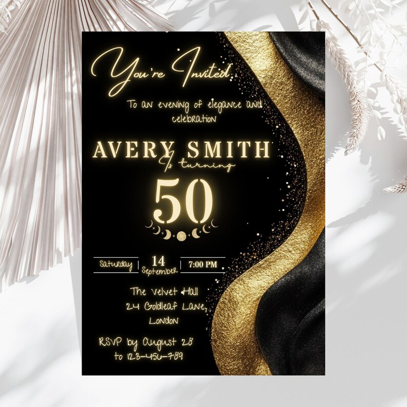Elegant Milestone Birthday Invitation Black Gold | Digital Party Invite ...