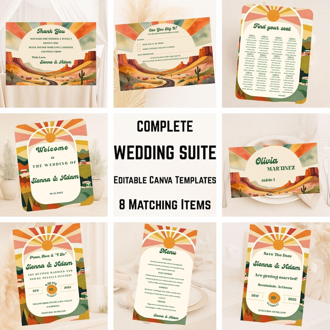 Retro Groovy Wedding Invitation Suite – 70s Editable Canva Bundle With ...