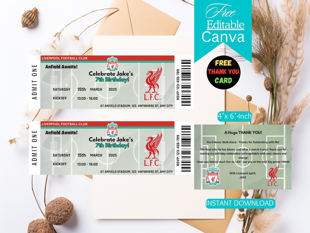 Liverpool Soccer Ticket Birthday Invitation | 8.5x2.75in Editable ...