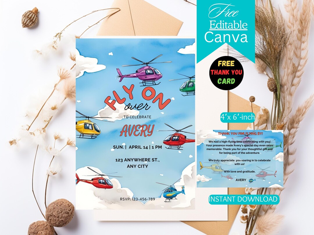 Helicopter Birthday Invitation | 5x7 Editable Template | Fly Over to ...