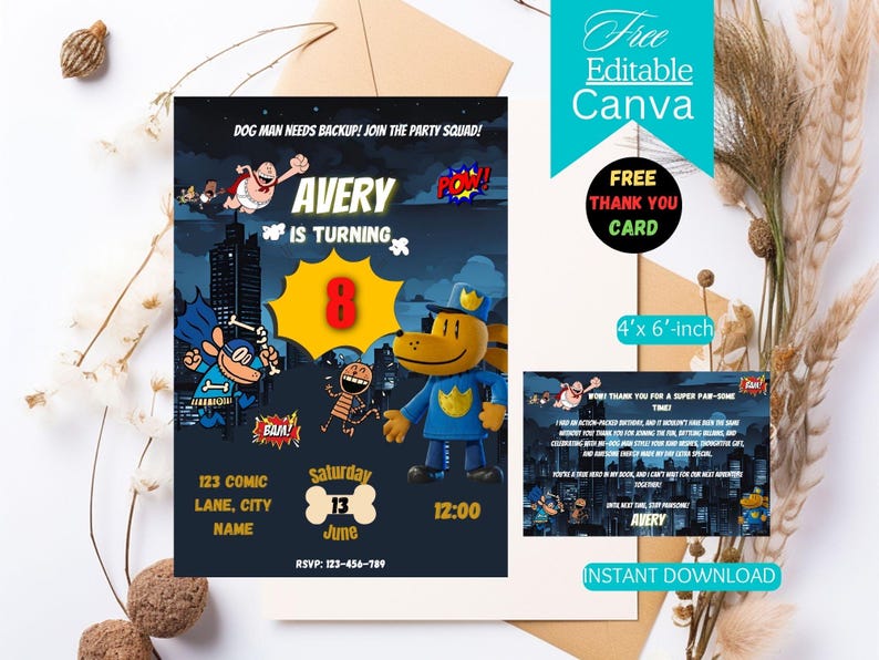 Dog Man Birthday Invitation | Editable Comic Book Party Template | 5x7 ...