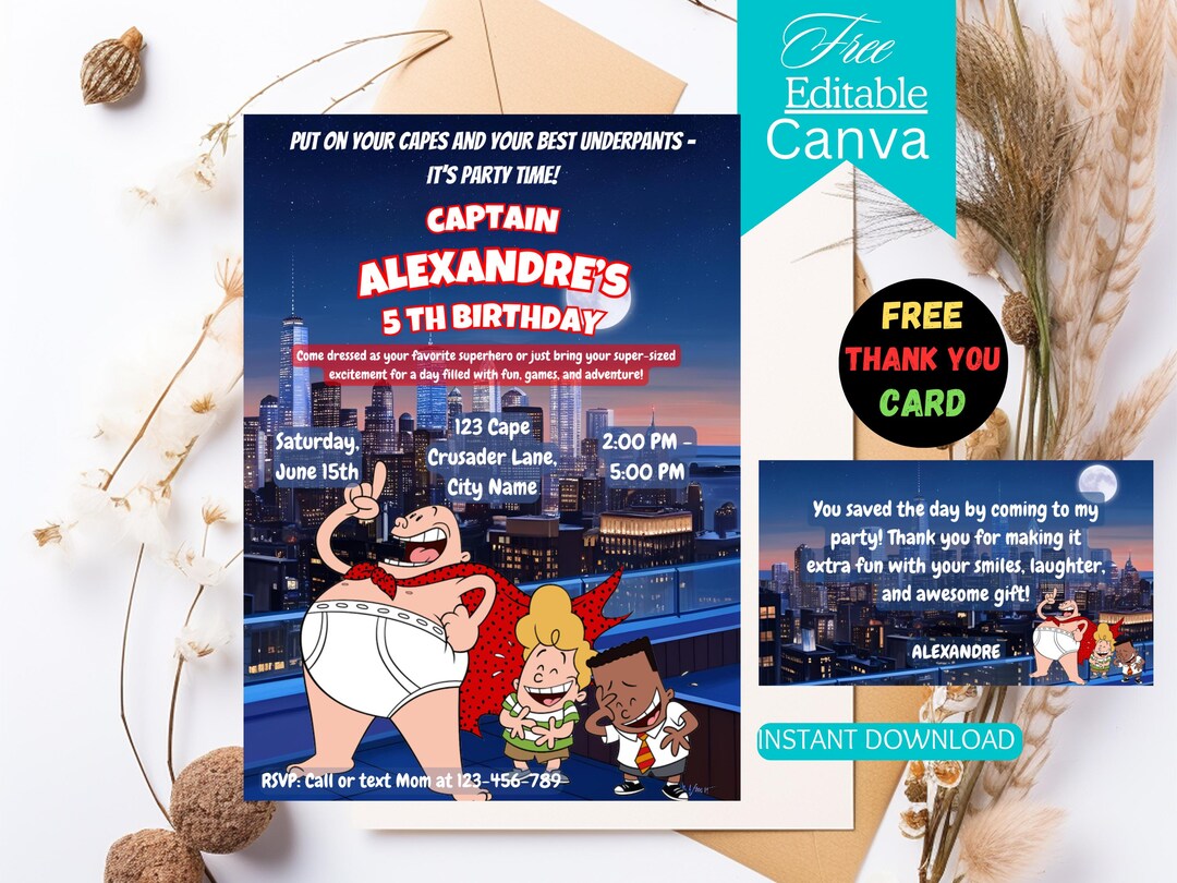 Captain Underpants Birthday Invitation | 5x7 Editable Template ...