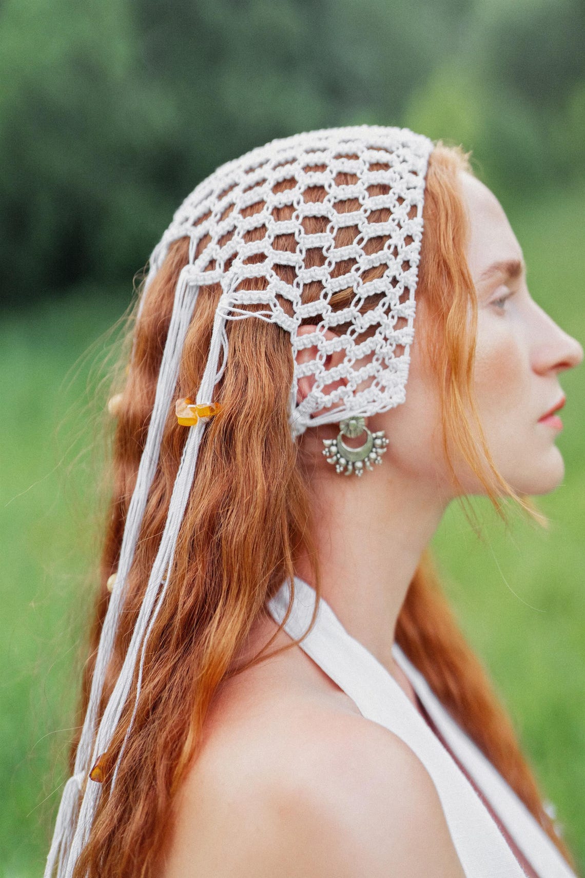Macrame Amber Headpiece | Mesh Knitted Veil With Amber Beads | Knitted ...