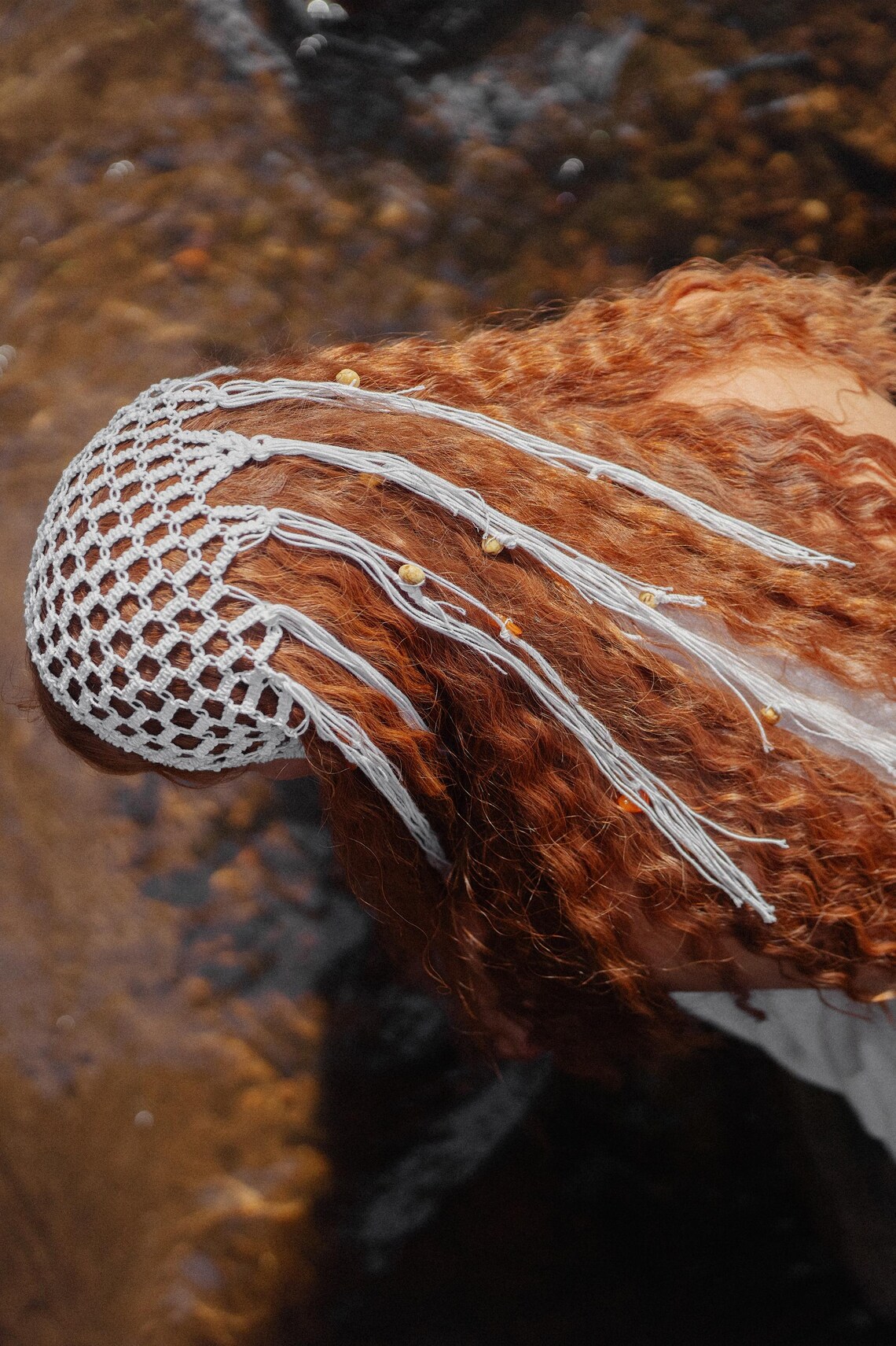 Macrame Amber Headpiece | Mesh Knitted Veil With Amber Beads | Knitted ...