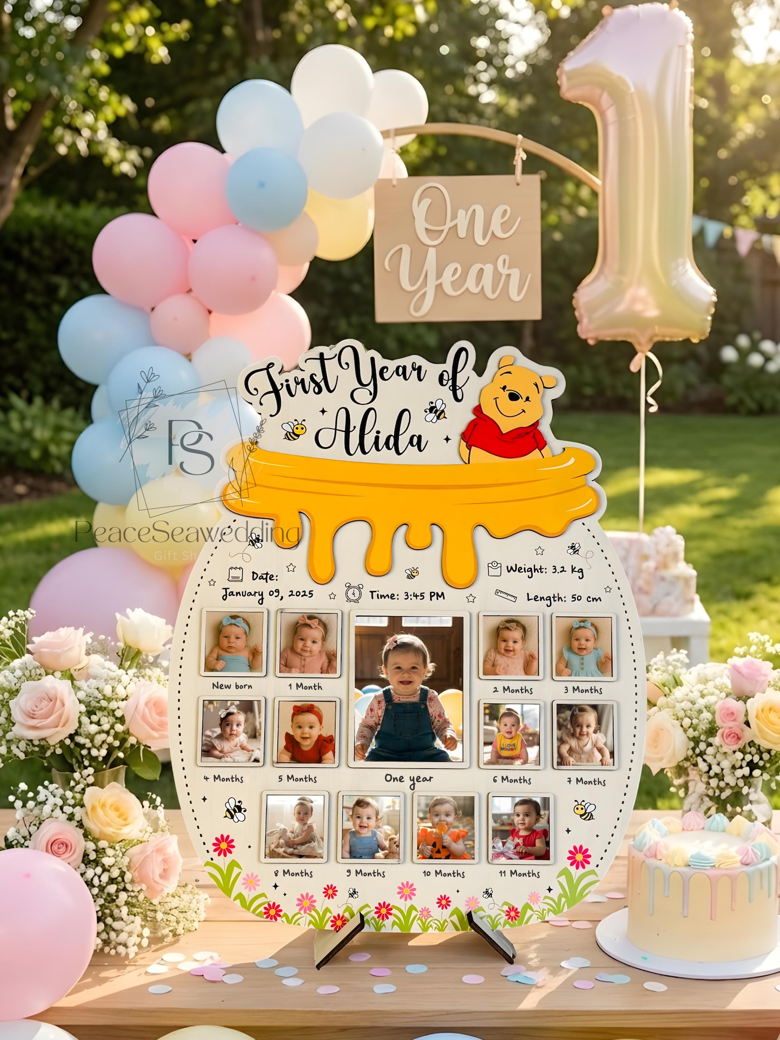 Custom Pooh Theme First Year Photo Board, Custom Baby Milestone ...