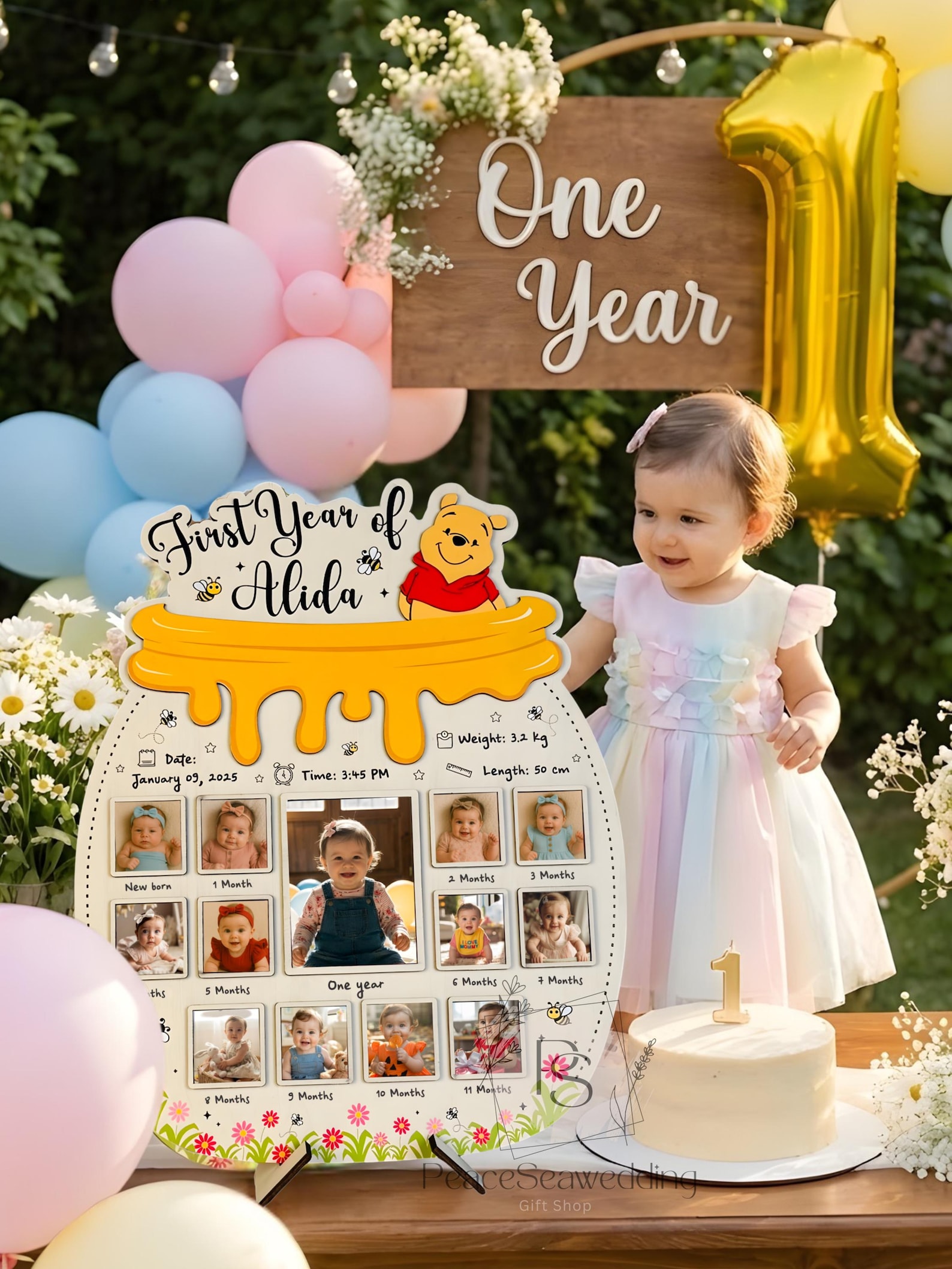 Custom Pooh Theme First Year Photo Board, Custom Baby Milestone ...