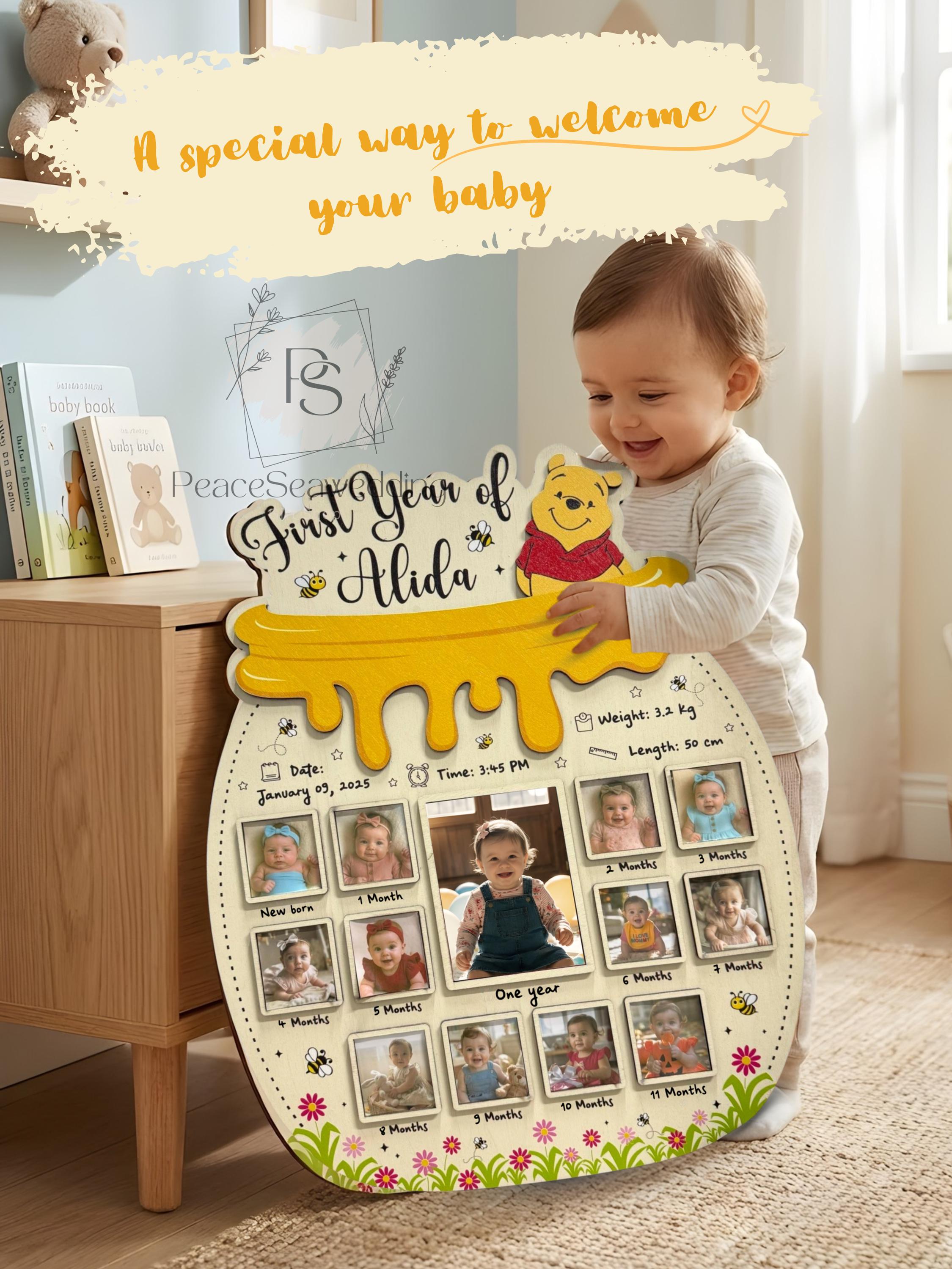 Custom Pooh Theme First Year Photo Board, Custom Baby Milestone ...